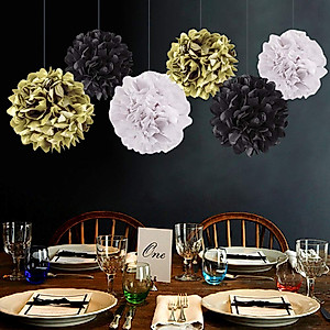 Black and Gold Party Decorations Happy Birthday Confetti Balloons with Banner,Star Heart Foil Balloons,Paper Pompoms for18th 20th 30th 40th 50th 60th 70th Birthday Decorat (Black and Gold)