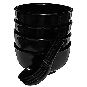 Calvin & Co Set of 4 Melamine Miso Soup Cereal Bowls and Spoons (Black, Small)