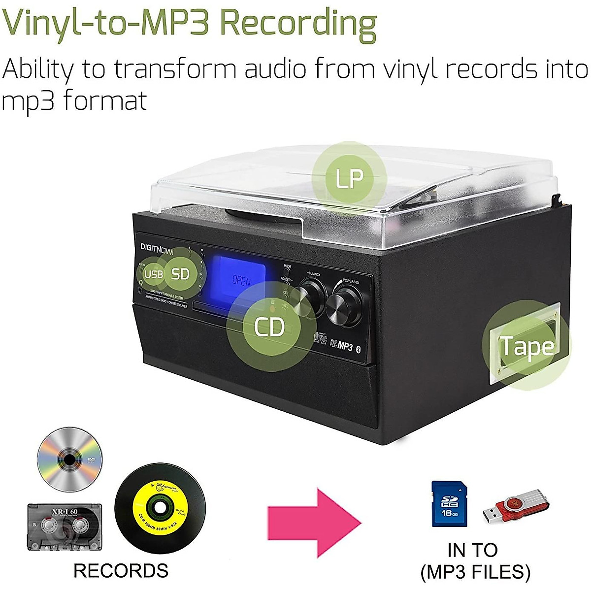 DIGITNOW Bluetooth Record Player Turntable with Stereo Speaker, LP Vinyl to MP3 Converter with CD, Cassette, Radio, Aux in and USB / SD Encoding, Remote Control, Audio Music Player Built in Amplifier