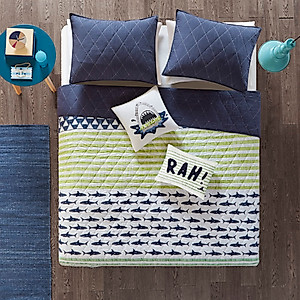 Urban Habitat Kids Reversible Cotton Quilt Set - Vibrant Fun, Playful Print, All Season Children Bedding Coverlet Bedspread, Decorative Pillow, Bedroom Décor, Twin/Twin XL, Shark Green/Navy 4 Piece