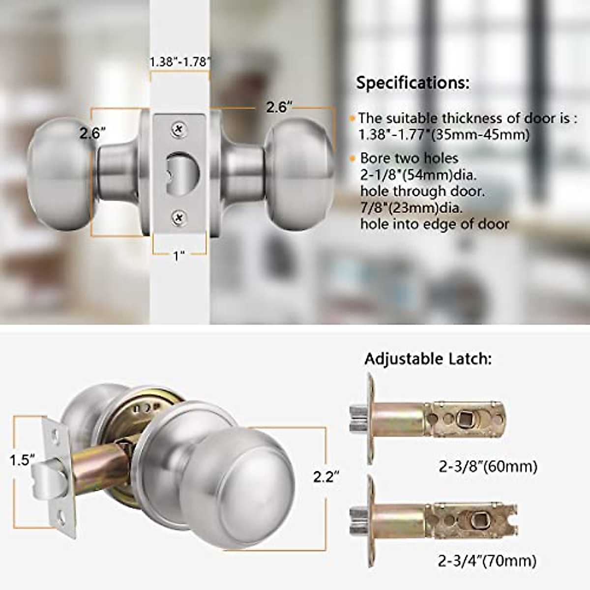 Probrico Brushed Nickel Passage Door Knobs Round Handles for Hall or Closet Knobs Keyless Hardware, 5 Pack