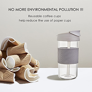 COMI Glass Travel Coffee Tumbler, Smoothie Cup Travel Dual-use Glass Coffee Cups with Lids Coffee Travel Cup with straw - 12 oz - Ash Grey