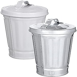 Alipis Metal Mini Trash Can Desktop Garbage Bins Makeup Brush Pencil Storage Box Tiny Wastebasket with lid for Home Office (Silver + White)