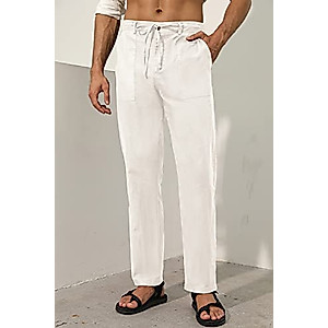JMIERR Mens Casual Linen Pants Loose Fit Straight Legs Lightweight Elastic Waist Drawstring Trousers Summer Beach Yoga Pant Baggy US 34(M) White
