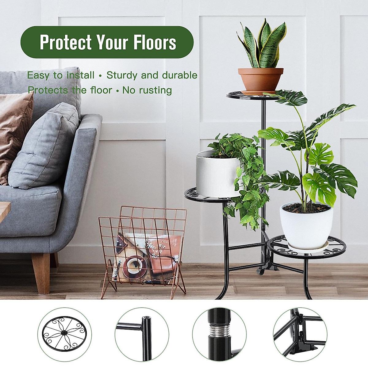 3 Tier Plant Stand, 3 Tier Plant Stands Indoor, Three Tiered Plant Stand Plant Holders for Outside Corner Plant Stand for Patio Garden Living Room Balcony, Black