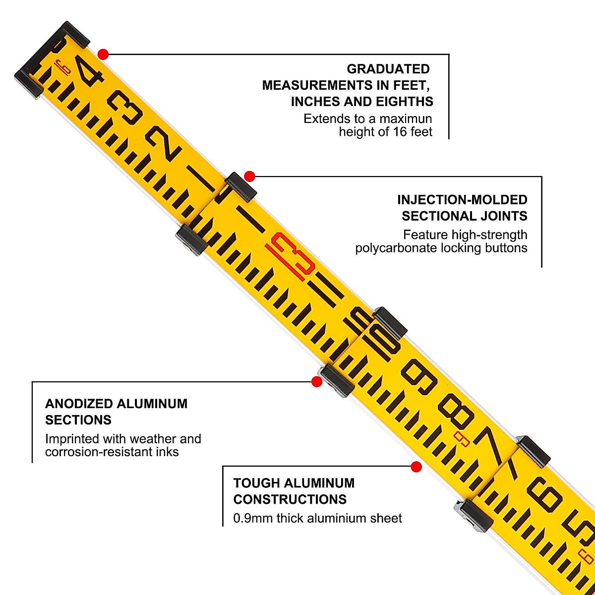 Firecore 16-Foot Aluminum Grade Rod - 8ths, 5 Sections Dual Sided Telescoping Leveling Rod with Bubble Level and Carrying Case - FLR500C