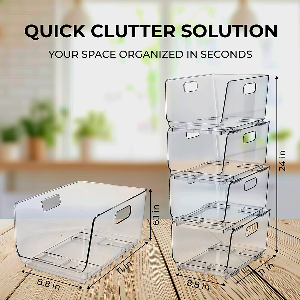 TidyFriend Plastic Stackable Bins for Pantry, 4 Pack Stacking Bins Open Front, Toy Organizers, Kitchen, and Bathroom Essentials (Clear- Hole Handle)