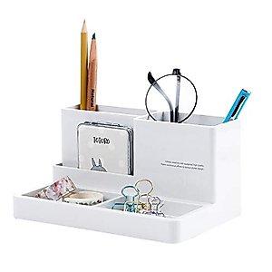Citmage Desk Organizer Caddy with 5 Compartments Office Workspace Desktop Holder Plastic Stationery Storage Box for Pencils,Markers,Erasers,Pens (7.1" x4.8" x3.6")(Ivory White)