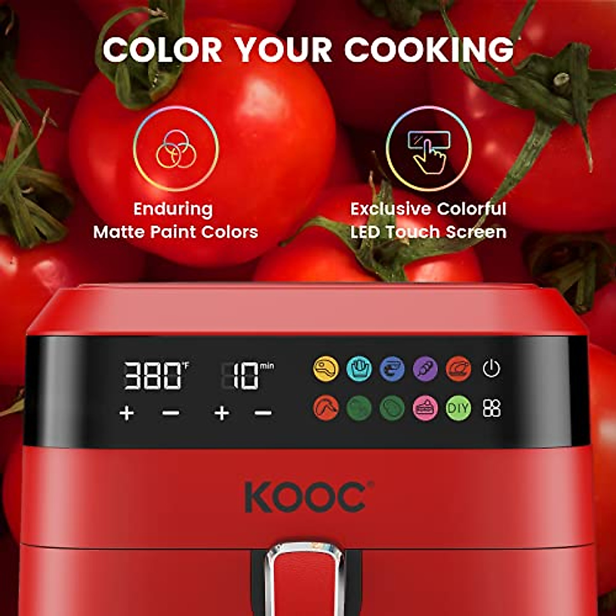 KOOC Air Fryer, 6.5 Quart 10 in 1 Electric Air Fryer Oven (Free Cheat Sheet for Quick Reference), LED Touch Digital Screen, Easy Customized Temp/Time, Nonstick Basket, 1700W, Red