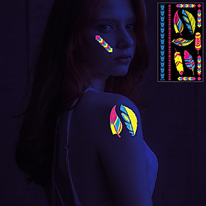 Glow in The Dark Temporary Tattoos 20 Sheets UV Neon Blacklight Tattoos, Body Face Paint Fake Glow Party Supplies Tattoos Stickers for Aldult Women Men Teen Girl