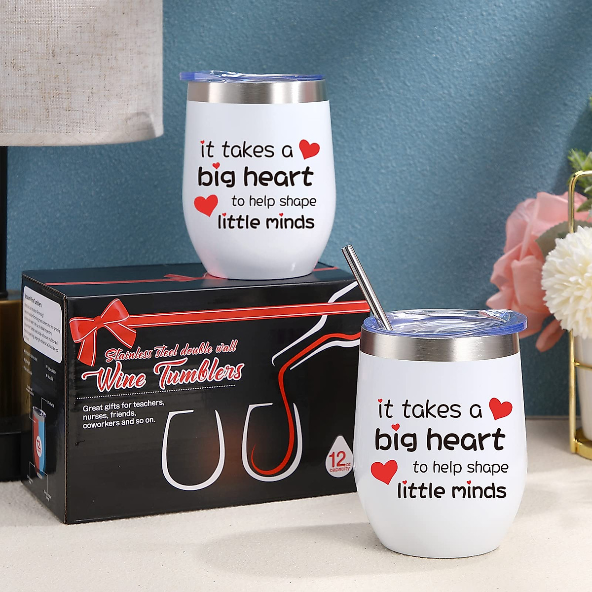 2 Pack Funny Teacher Appreciation Present, It Takes a Big Heart to Shape Little Minds, 12oz Double Wall Vacuum Teacher Cup with Lid Straw, Wine Glasses for Teacher (White and Black Words)