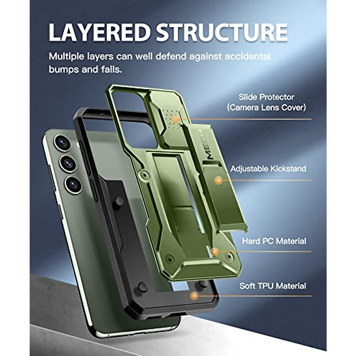 Tongate for Samsung Galaxy S23 Case with Sliding Camera Cover & Screen Protector, [10FT Military Drop Protection] Rugged Shockproof Phone Case for Galaxy S23 with Kickstand Case, Green