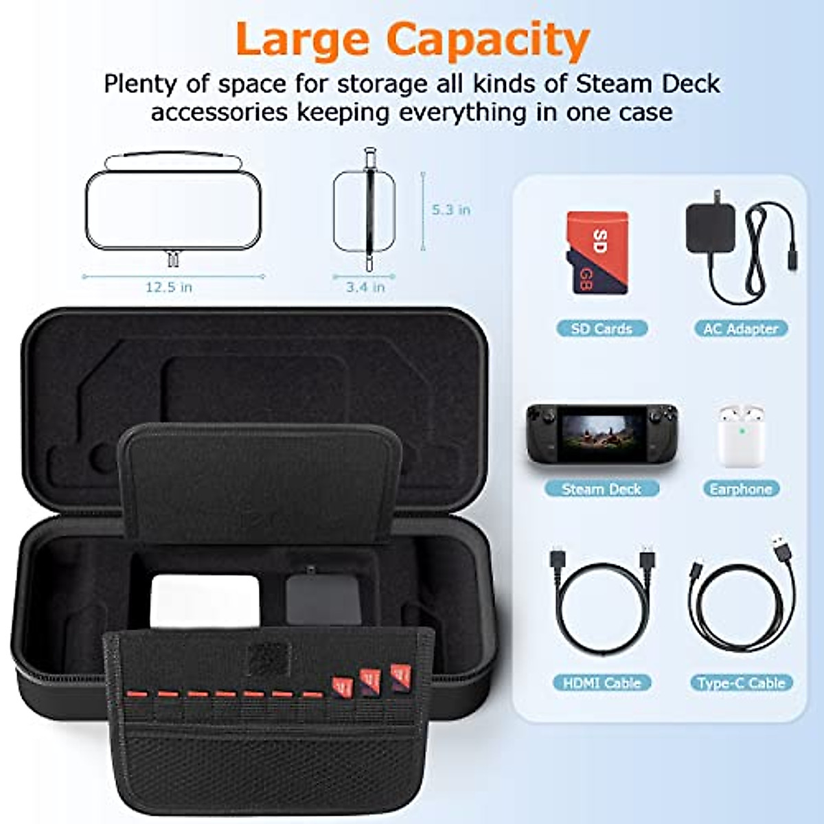 Daydayup Carrying Case Compatible with Steam Deck - Fit Charger AC Adapter - with 10 SD Games Cartridges & Stand Hard Shell Travel Pouch for Steam Deck Console & Accessories, Black [Updated Version]