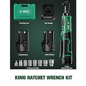 KIMO Cordless Electric Ratchet Wrench Set, 40 Ft-lbs, 400 RPM, 3/8" 12V Cordless Ratchet Kit w/ 60-Min Fast Charge, Variable Speed Trigger, 2-Pack Lithium-Ion Batteries, 8 Sockets