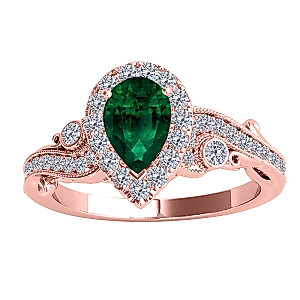 MauliJewels Rings for Women 1.35 Carat Pear Shape Emerald And Round White Diamond Ring Prong-Setting 10K Rose Gold