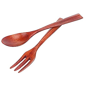 2Pcs/Set Heat Resistance Wood Fork and Spoon Heat Resistance Durable Kitchen Utensil for Home Restaurant Office(large and fork)