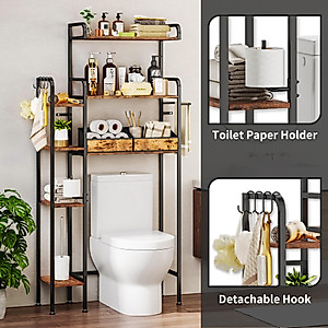 Homsorout Bathroom Organizers and Storage Cabinet - Over The Toilet Storage Cabinet with Adjustable Shelf 2 Baskets, Bathroom Shelf with Hooks Bathroom Storage Rack, Brown