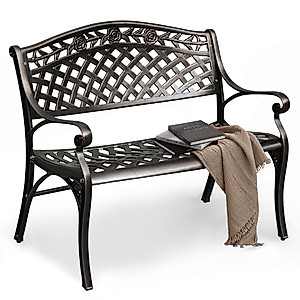 DWVO 39.4’’ Cast Aluminum Outdoor Bench, 2-Person Patio Garden Benches for Outdoors, Metal Frame Patio Bench for Porch Backyard, Outdoor Furniture, Park Bench, Outdoor Benches for Lawn Deck, Bronze