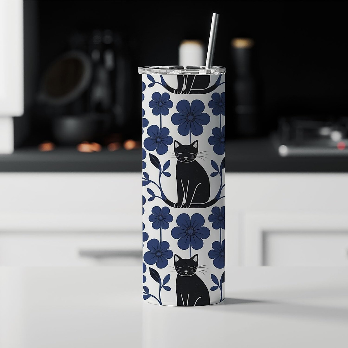 Medpol Cat and floral print tumbler with lid and straw 20 oz insulated tumbler cups Cat and floral print insulated travel coffee mugs for women cute sippy cups stainless insulated travel cups