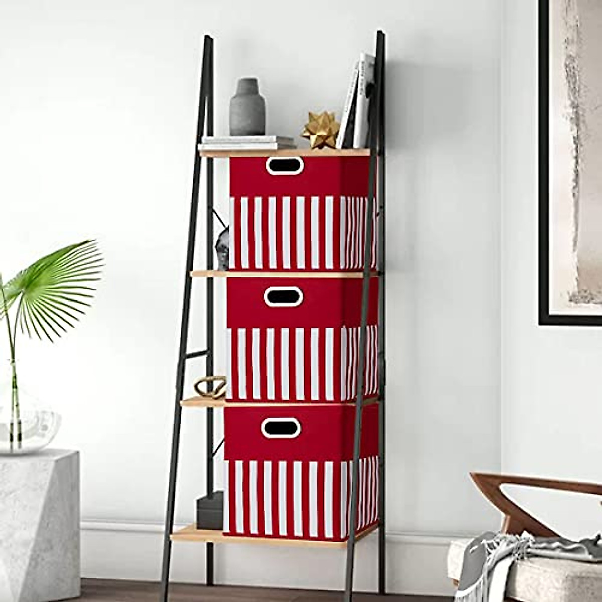 i BKGOO Folable Fabric storage Bins.Set of 3 Cubby Cubes with Handles Red-White Vertical lines 13x13x13 inch