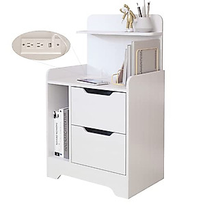 hosote White Nightstand with Charging Station USB Port, Night Stand with Drawers Open Storage and Shelf, Bedside Table for Bedroom Side Table End Table Sofa Table for Living Room