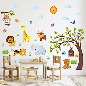 Jungle Animal Wall Decals Cartoon Tree Animal Wall Stickers Forest Animal Wall Decals Peel and Stick Elephant Woodland Animal Wall Decal for Girl Boy Room Kids Baby Room Nursery Playroom Bedroom Decor