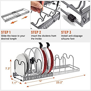 AHNR Expandable Pot and Pan Organizers Rack, 10+ Pans and Pots Lid Organizer Rack Holder, Kitchen Cabinet Pantry Bakeware Organizer Rack Holder with 10 Adjustable Compartments (Grey)