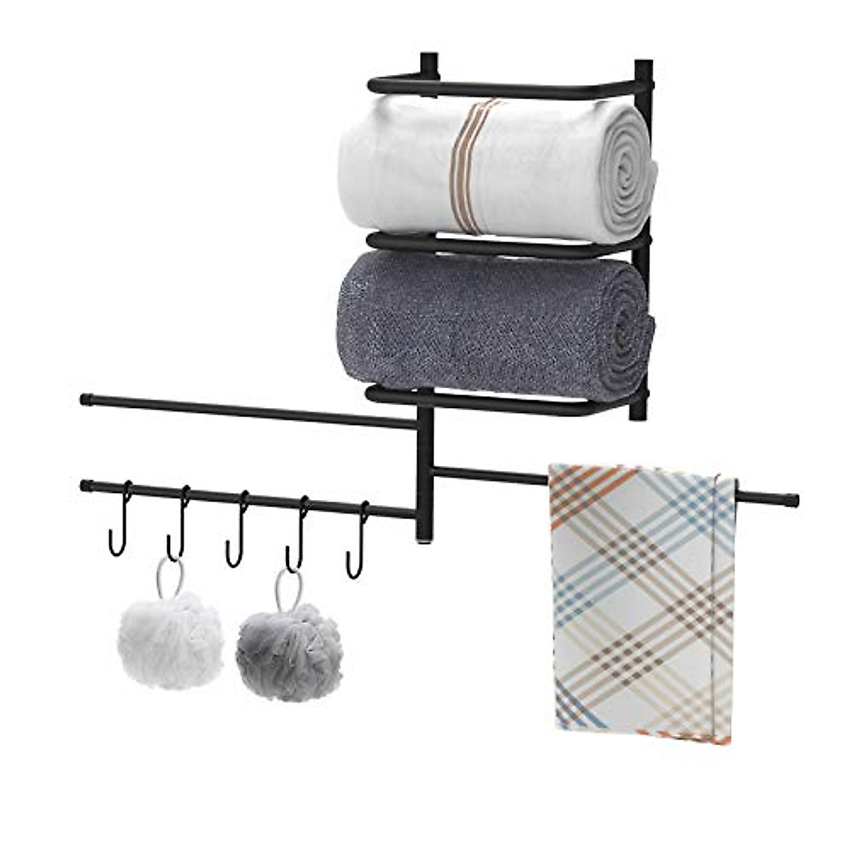 Towel Rack Holder&Organizer,Wall Mounted Metal Bathroom Towel Bar with 3 Swivel Arms 5 S-Hooks for Storage of Towels, Washcloths, Hand Towels