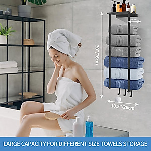 HOTNIU Towel Racks for Small Bathroom Wall Mounted, Vertical Towel Storage with Metal Shelf and 3 Hooks, Bath Towel Rack for Rolled Towels, Black Towel Holder for Large Bath Sheets Towels