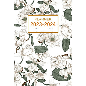 Planner July 2023-2024 June: 6x9 Medium Notebook Organizer with Hourly Time Slots | Beautiful Magnolia Flower Design White
