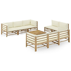 vidaXL Patio Lounge Set 9 Piece, Sectional Sofa for Outdoor, Patio Furniture with Cream White Cushions, Coffee Table, Scandinavian Style, Bamboo