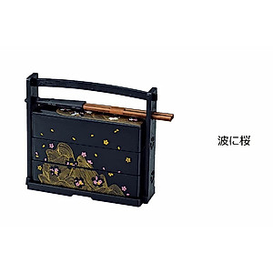 JapanBargain 1951, Japanese Lunch Bento Box Three Tiers with Chopsticks Traditional Plastic Lacquered Sushi Serving Container Sakura Cherry Blossom Pattern, Made in Japan