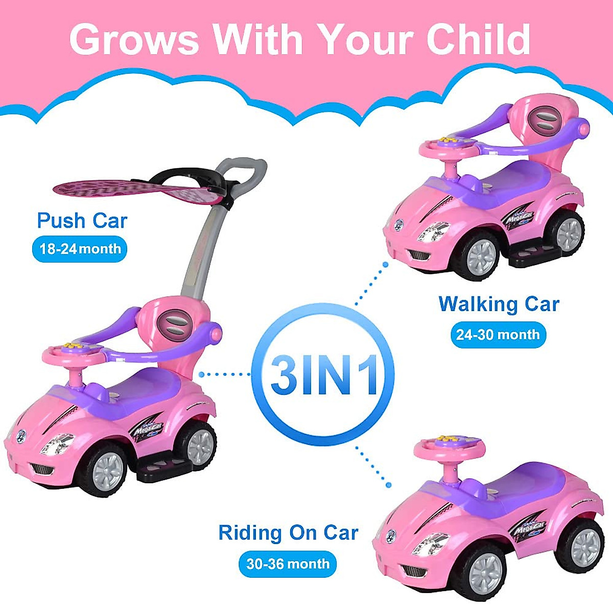 ChromeWheels Push Cars for Toddlers, 3 in 1 Ride on Push Car with Removable Canopy, Ride on Toys Mega Car w/Handle & Horn & Music, Pink