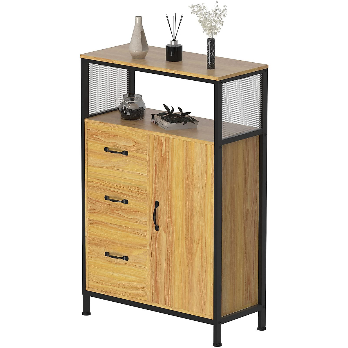 Visionwards 3 Drawer File Cabinet, Lateral Filing Cabinet Fits Letter Size, Large Printer Stand with Storage Shelves for Home Office, Orange