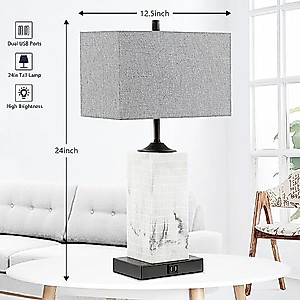 TUUANA Table Lamps for Living Room Set of 2, Modern Bedside Lamps with 2 USB Ports for Bedroom Nightstand, Large End Table Lamps with Grey Fabric Shades for Office Dorm Hotel, Imitation Marble Finish