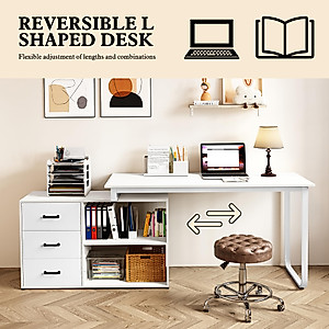 ARTPOWER 55" L Shaped Computer Desk with Storage Cabinet, Large Home Office Corner Desk with 3 Drawers and Shelf,Computer Table for PC Executive Writing Study Work,Reversible Gaming Desk, White