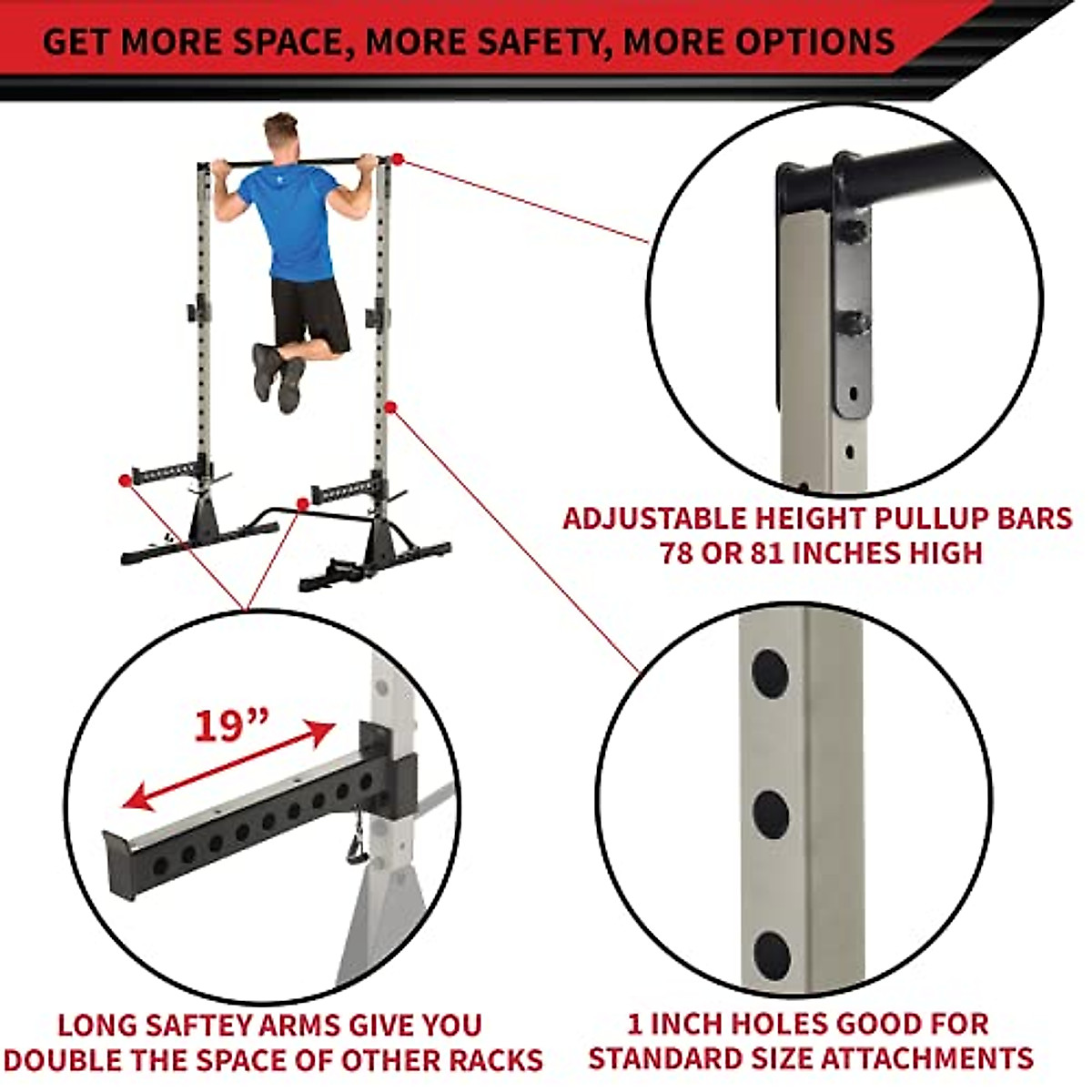Fitness Reality Squat Rack Power Cage with J-Hooks, Landmine 360° Swivel, Weight Plate Storage Attachment and Power Band Pegs grey