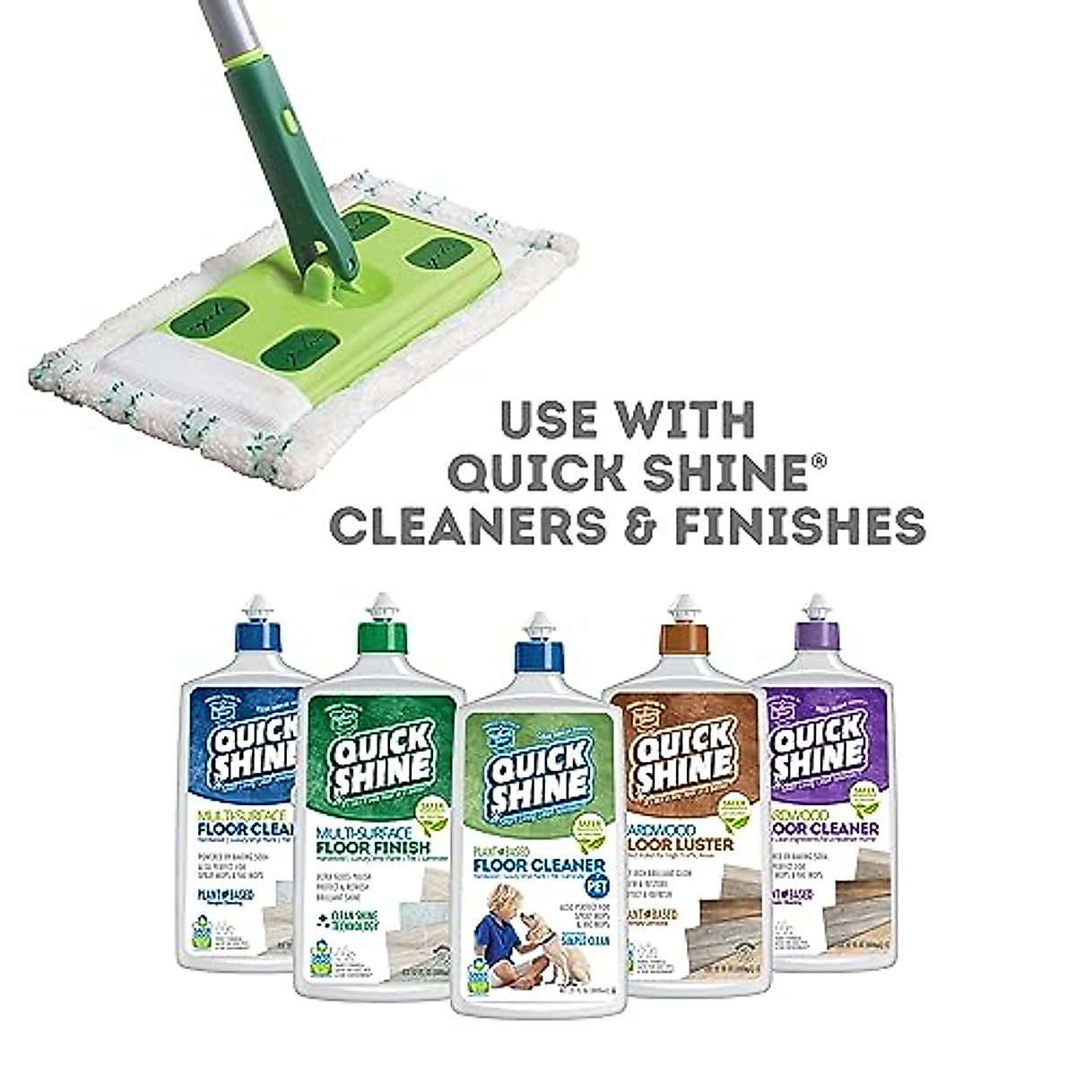 Quick Shine Sustainable Hard Surface Floor Mop Kit with 3 Reusable Pads & 1 Safer Choice Floor Finish Cleaner 16oz | Use Wet + Dry | Squirt, Spread, Done | Hardwood, Luxury Vinyl Plank, Laminate