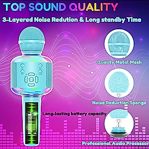 Wireless Bluetooth Karaoke Microphone with Controllable LED Lights, 5-in-1 Portable Mic Speaker Player Recorder, Great Toys Birthday Gifts for 3 4 5 6 7 8 Years Old Girls Boys (Blue)