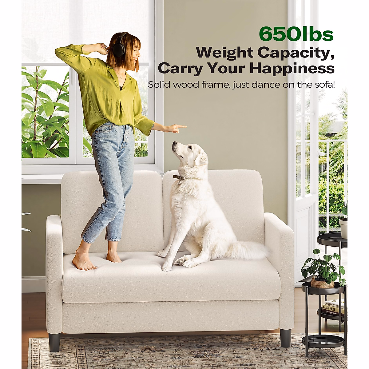 Welzona Loveseat Sofa, 51" Small Sofa Couch for Bedroom, Comfy Teddy Love Seat, Tool-Free Setup Sofas for Living Room, All-Wood Small Couches for Small Spaces, Small Couch No Pillow Include, Beige