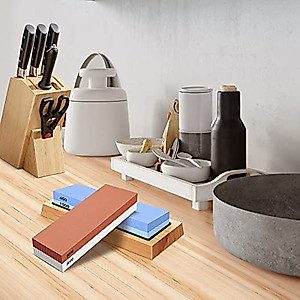 Whetstone Knife Sharpening Stone 4 Side Grit 400/1000 3000/8000, Professional Whetstone Knife Sharpener, Knife Sharpening Kit with Non-Slip Bamboo Base, Leather Strop, Flattening Stone & Angle Guide