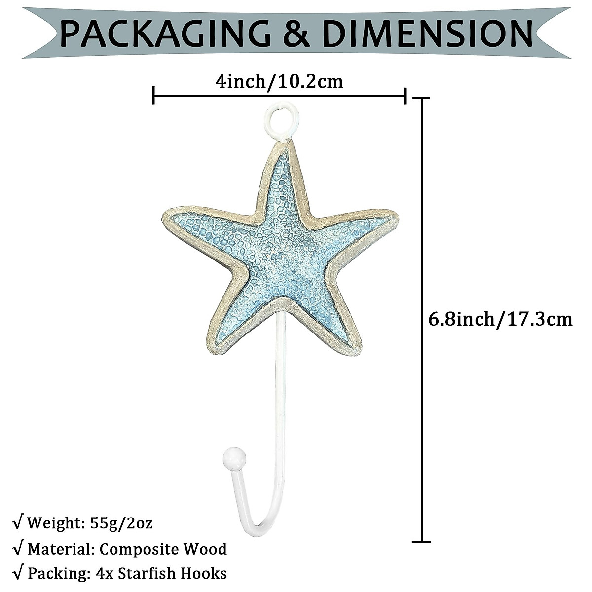 MShengM Set of 4 Starfish Decorative Wall Hooks,White Starfish Decor Hooks,Beach Coastal Wall Hooks,Beach Ocean Home Coastal Bathroom Hook for Clothes,Aprons,Towels,Hats