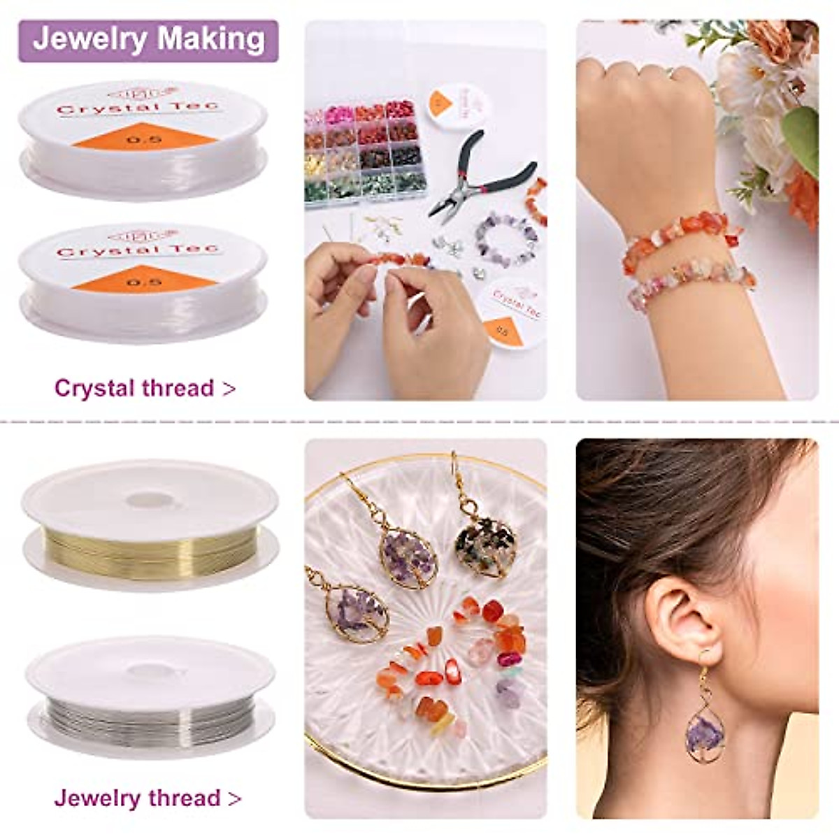 Quefe 1800pcs 56 Colors Crystal Beads, Ring Making Kit, Gemstone Chip Beads Irregular Natural Stone with Jewelry Making Supplies for DIY Craft Bracelet Necklace Earrings, Craft Gifts