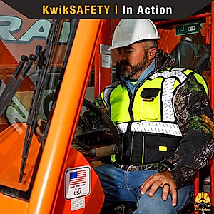 KwikSafety - Charlotte, NC - SPECIALIST Safety Vest [Multi-Use Pockets] Class 2 ANSI OSHA High Visibility Reflective Heavy Duty Solid Mesh HiVis Construction Surveyor Work Men/Black Medium