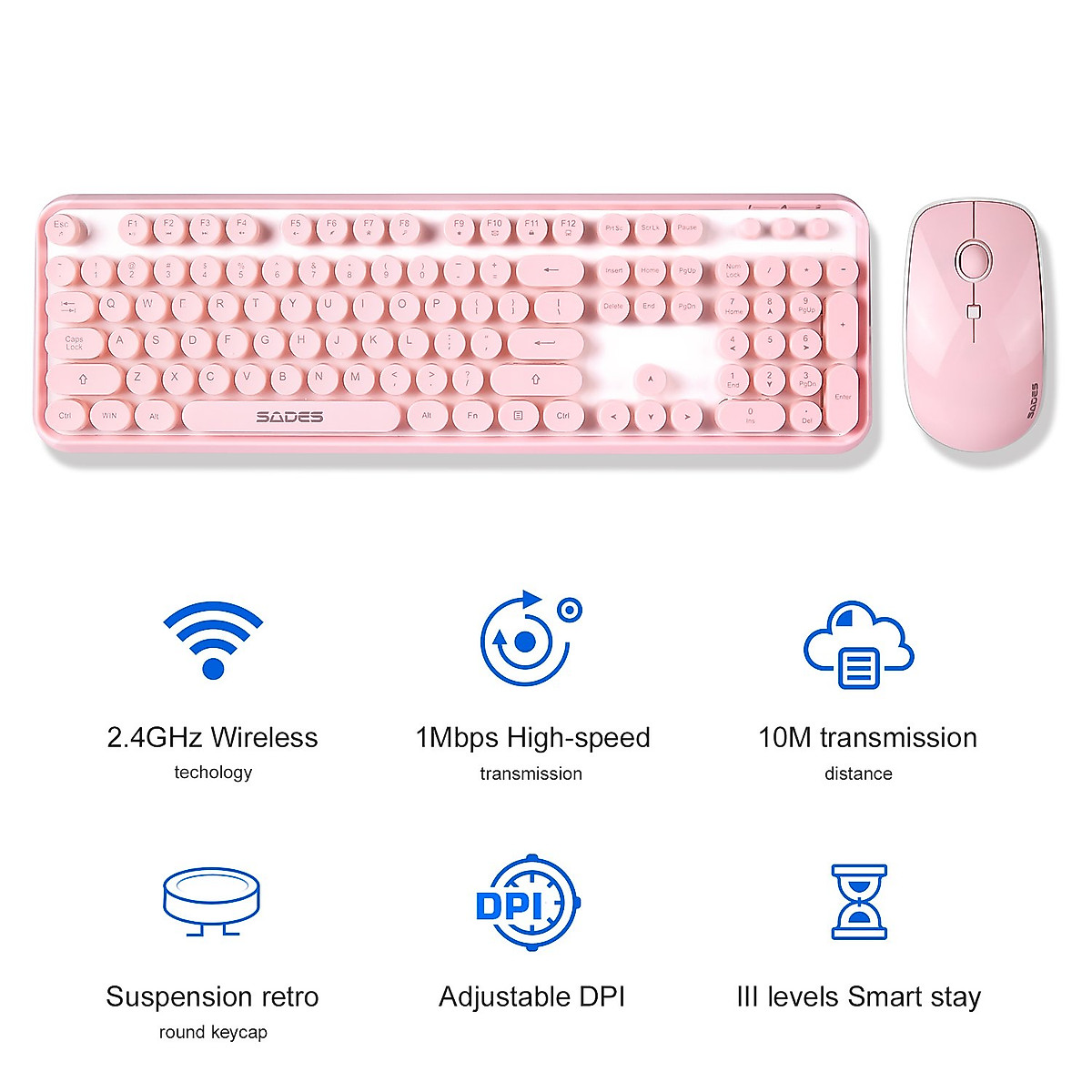 SADES V2020 Pink Wireless Keyboard with Round Keycaps,2.4GHz Dropout-Free Connection,Long Battery Life,Cute Wireless Moues for PC/Laptop/Mac(Pink)