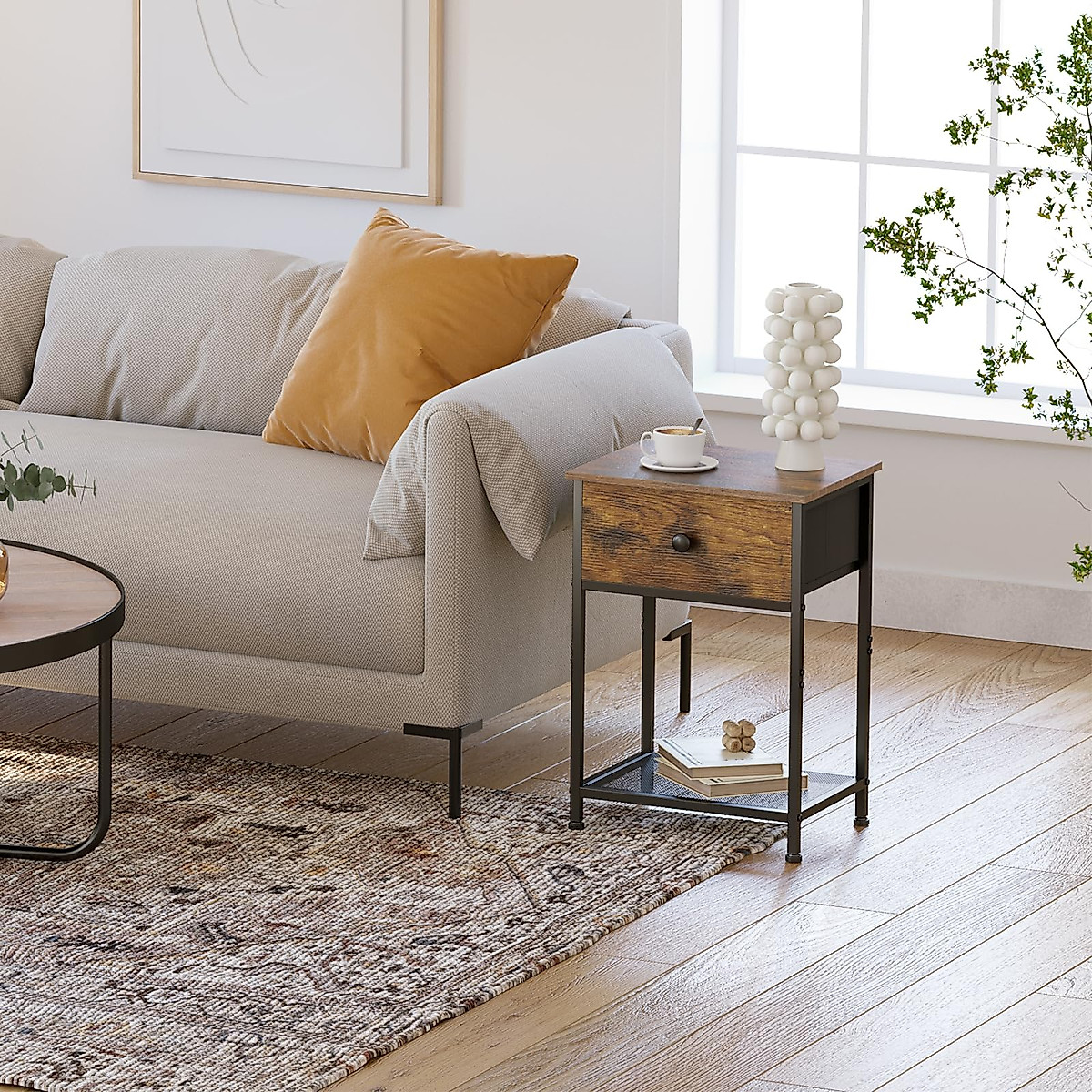 AMHANCIBLE Night Stand Set 2, Nightstand with Fabric Drawer, Industrial End Tables Living Room with Storage Shelf, Slim Bedside Table for Bedroom, Small Spaces, Rusic Brown, HET03SDBR