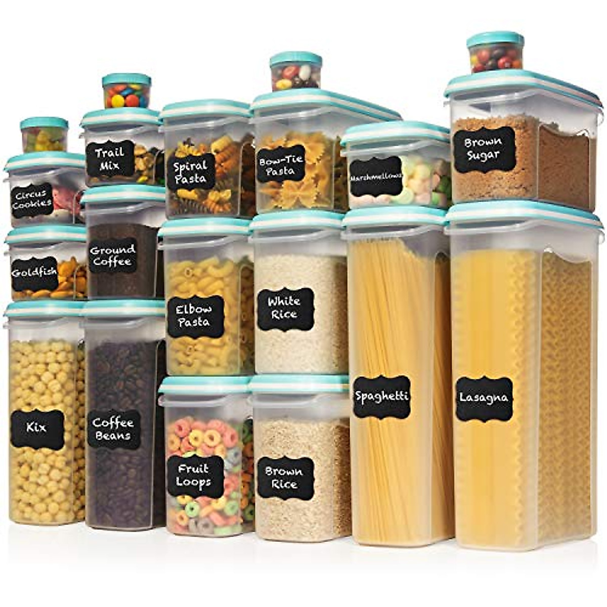 Shazo LARGEST Set of 40 Pc Food Storage Containers (20 Container Set) Airtight Dry Food Space Saver w Interchangeable Lid, Labels + Marker - One Lid Fits All - Reusable