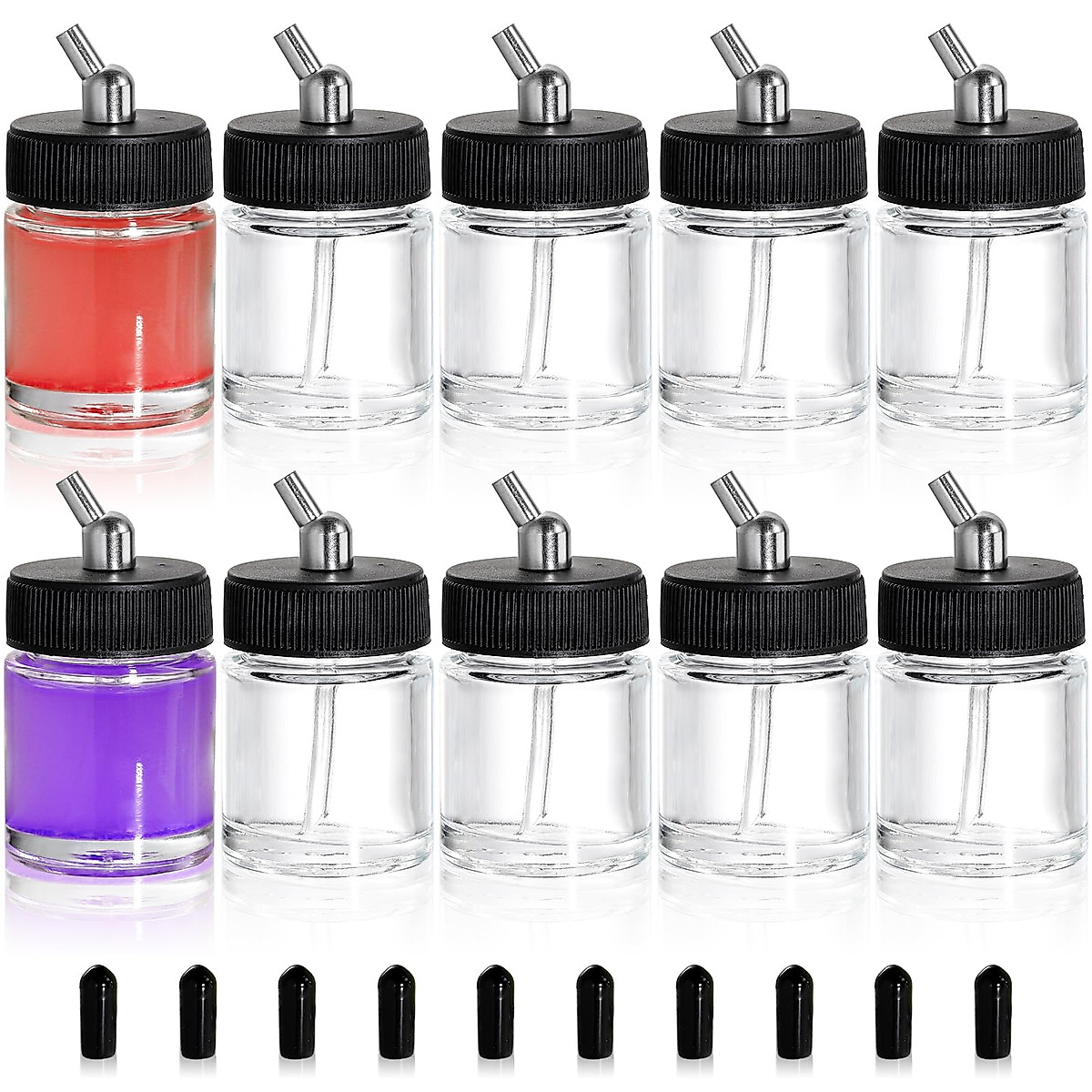 Goaste 10 Pack Glass Airbrush Bottles Kit, 22cc Empty Airbrush Jars, Transparent Airbrush Paint Storage Pot with 10pcs Cap Covers, 30° Down Angle Adaptor Lids, Fits Dual-Action Siphon Feed Airbrushes