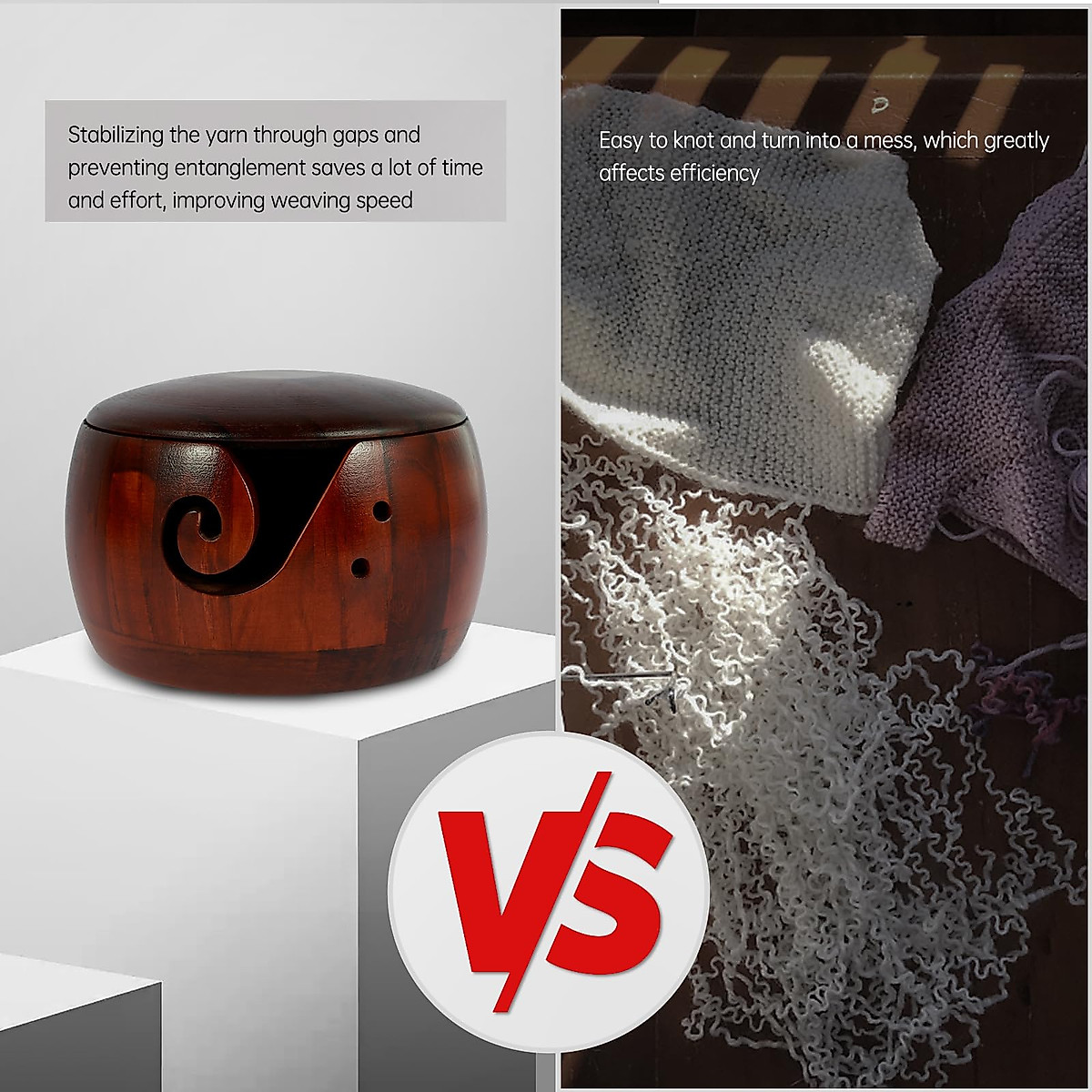 Wooden Yarn Bowl Round Crochet Bowl Holder with Holes Pine Knitting Yarn Bowls Wooden Weaving Thread Bowl with Lid Portable Yarn Storage Bowl for DIY Knitting Crafts 5.9x5.9x3inch(Dark with lid)