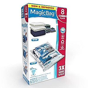 MagicBag 8-Pack Variety Combo Flat Vacuum Compression Bags - Instant Space Saver Storage - Airtight Double Zipper - Clothing, Pillows - Home Organization